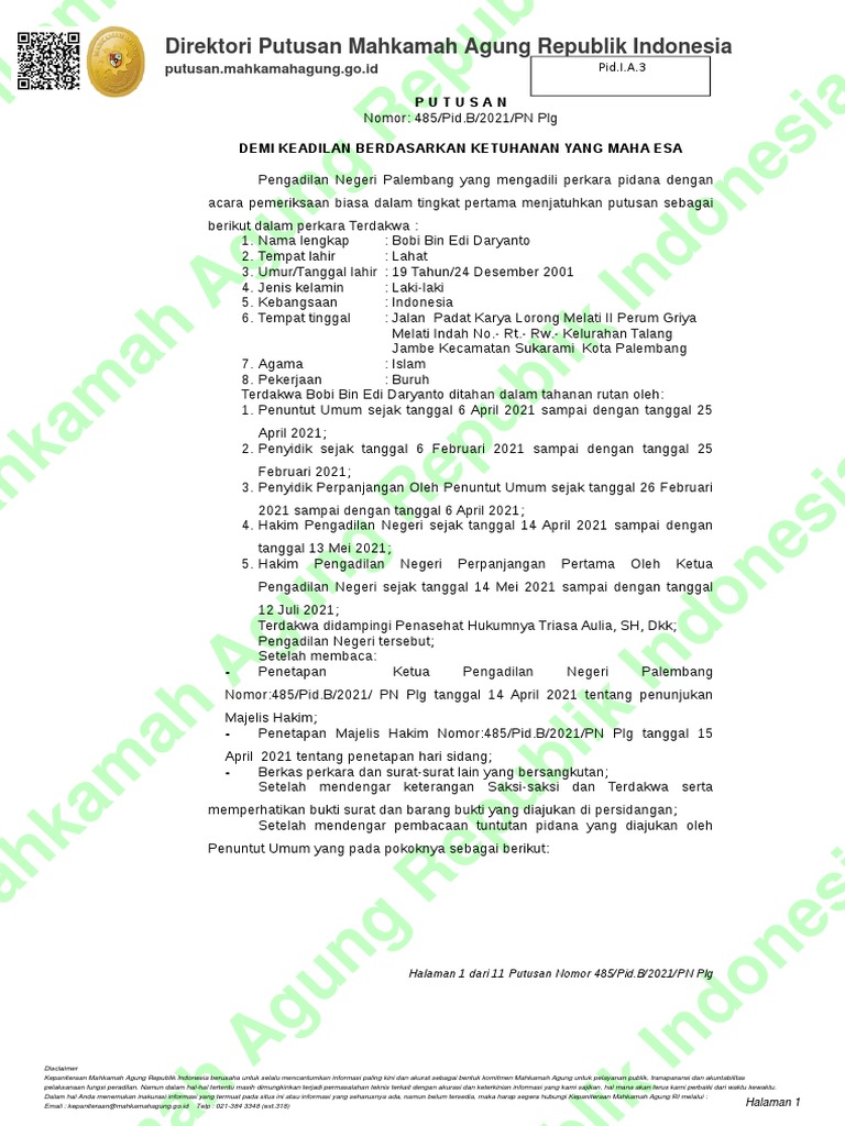 Putusan 485 Pid.b 2021 PN PLG 20221004135109 | PDF