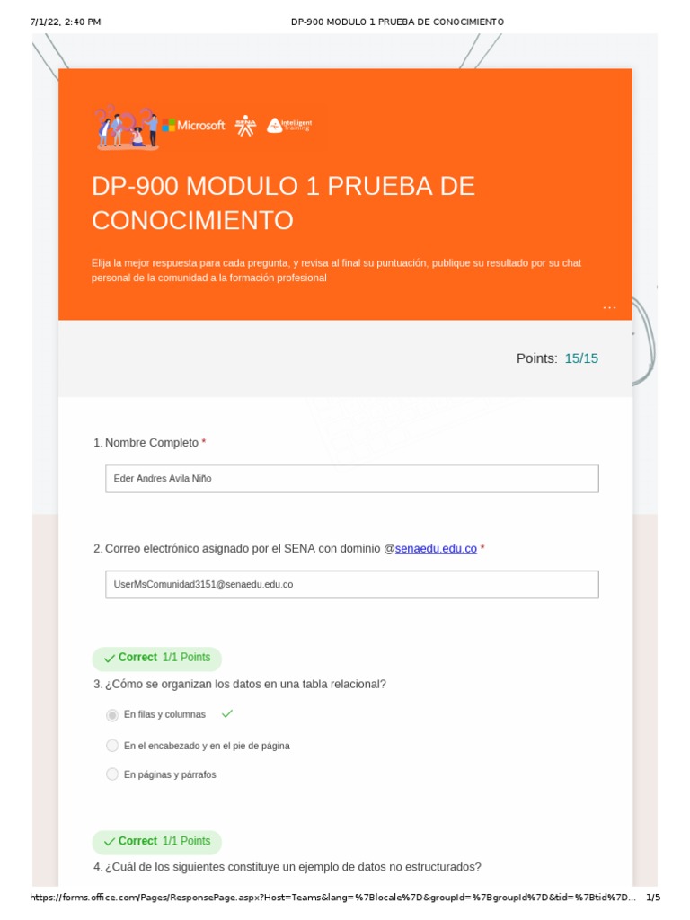 DP 900 Prueba Modulo 01 Resultados | PDF | Bases de datos | Base de datos relacional
