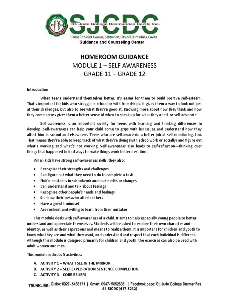Homeroom Guidance Module SY 2020-2021 (G11-G12) | PDF | Self Awareness ...