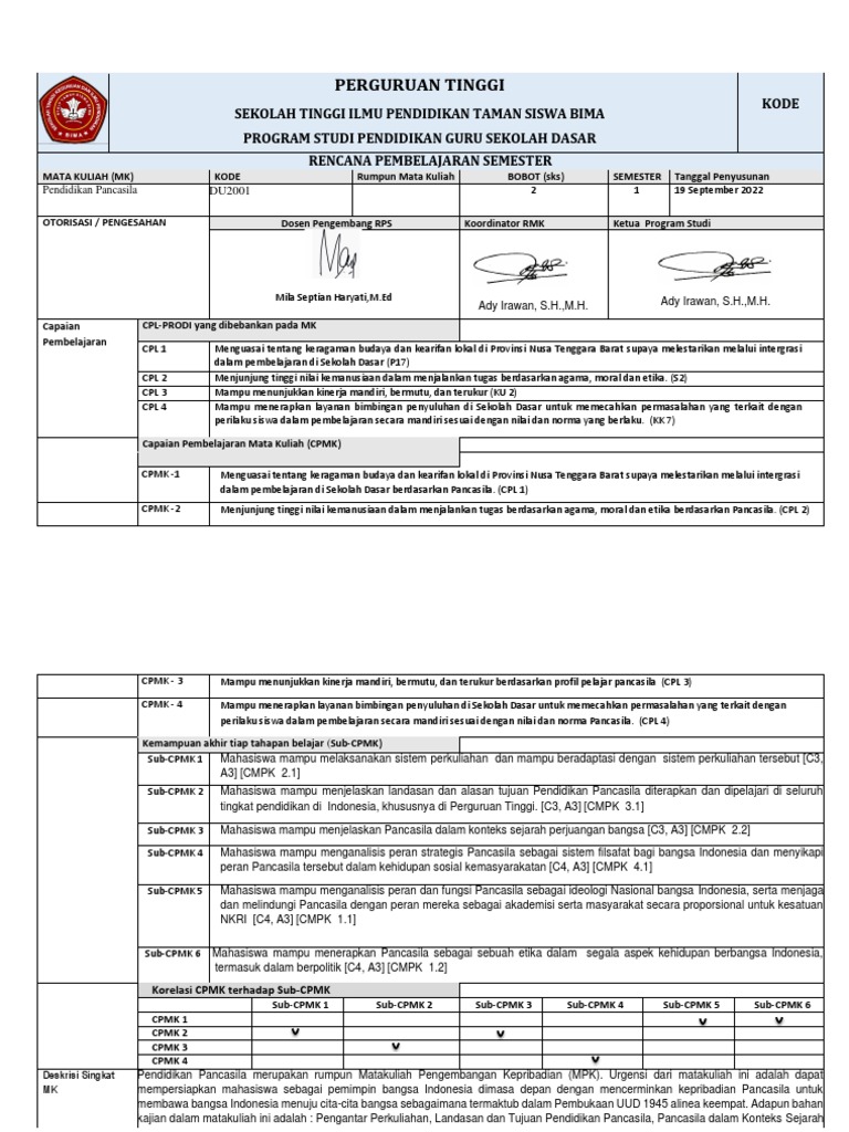 Pengembangan RPS Mata Kuliah Pendidikan Pancasila - September 2022 OK | PDF