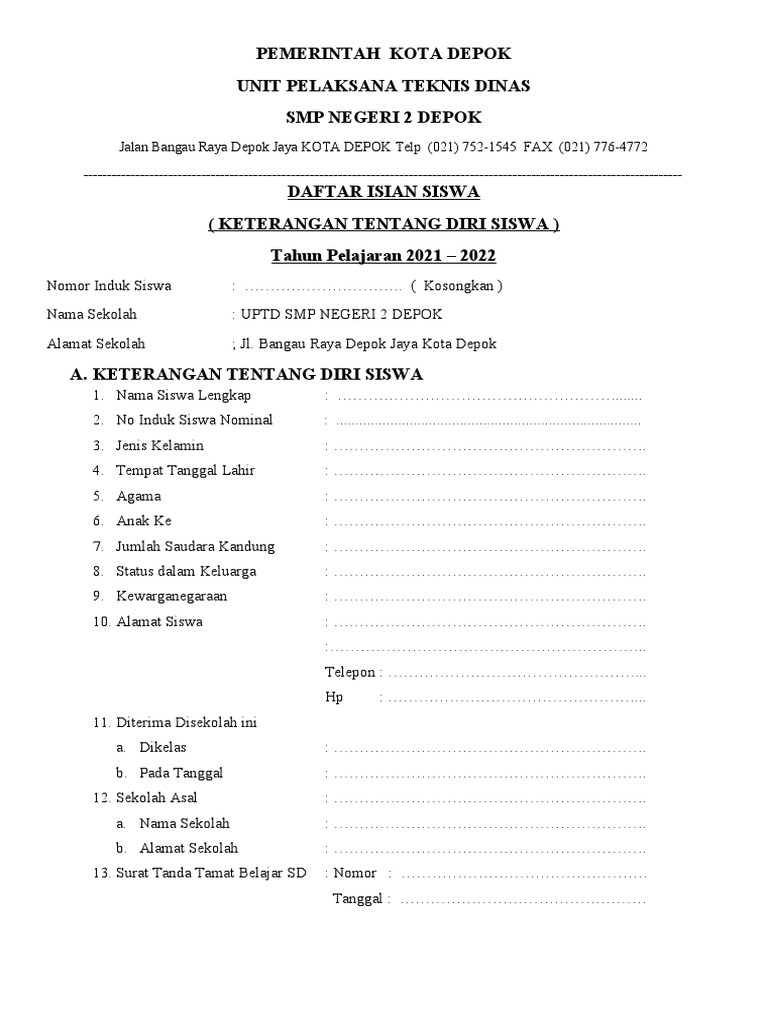 Daftar Isian Siswa Baru | PDF