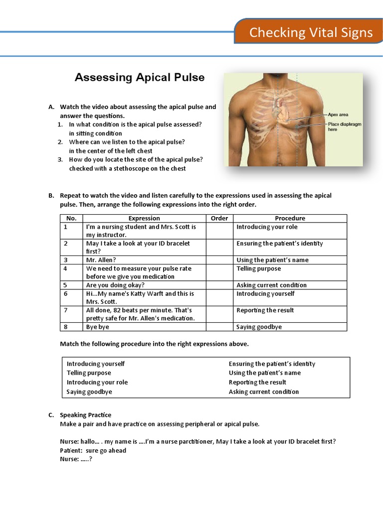 S4.M22.HO-Assessing Apical Pulse | PDF | Pulse | Nursing