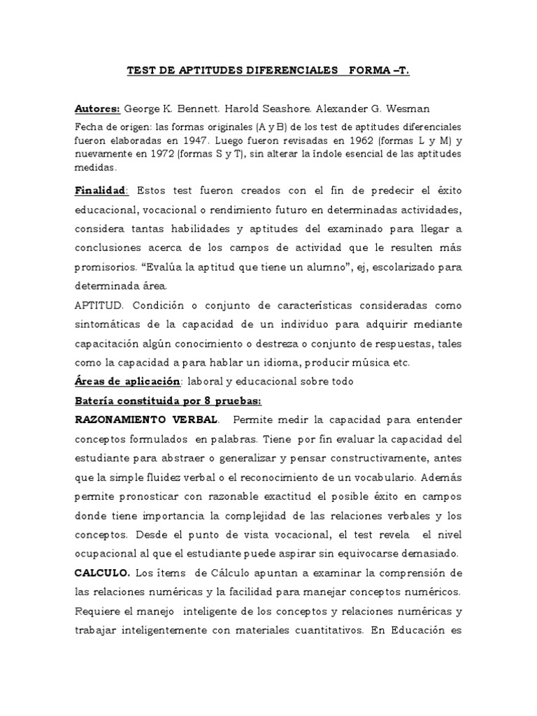 Test de Aptitudes Diferenciales Forma T | PDF | Inteligencia | Aprendizaje