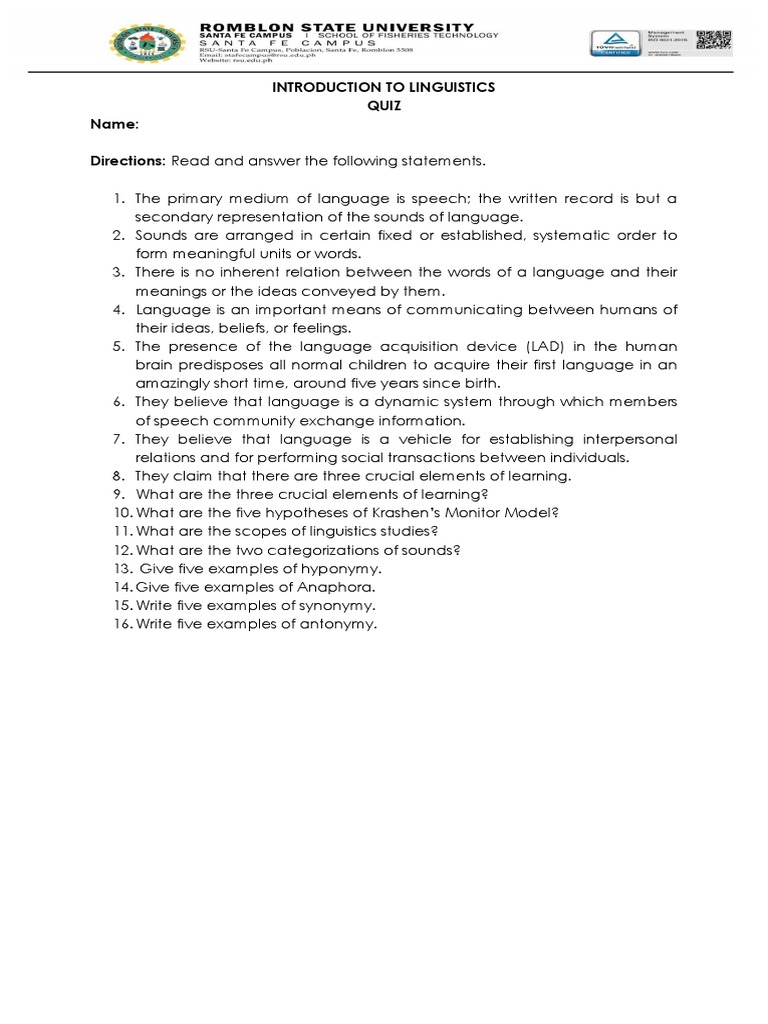 Introduction to Linguistics Quiz | PDF | Language Arts & Discipline