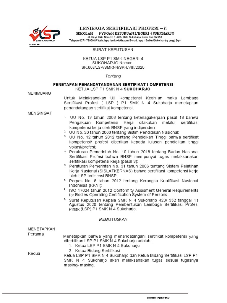 16 SK Penetapan Personil Penandatanganan Sertifikat Kompetensi | PDF