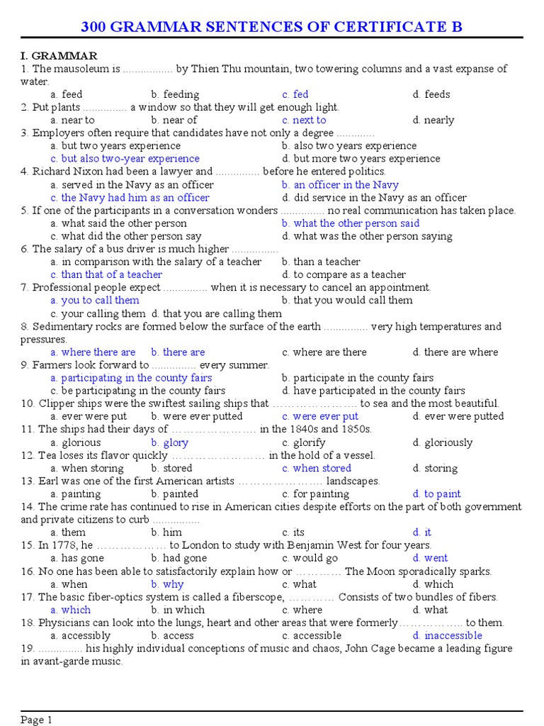 300 Grammar Sentences of Certificate B | PDF