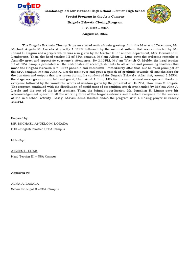 Brigada Eskwela Closing Program Narrative | PDF