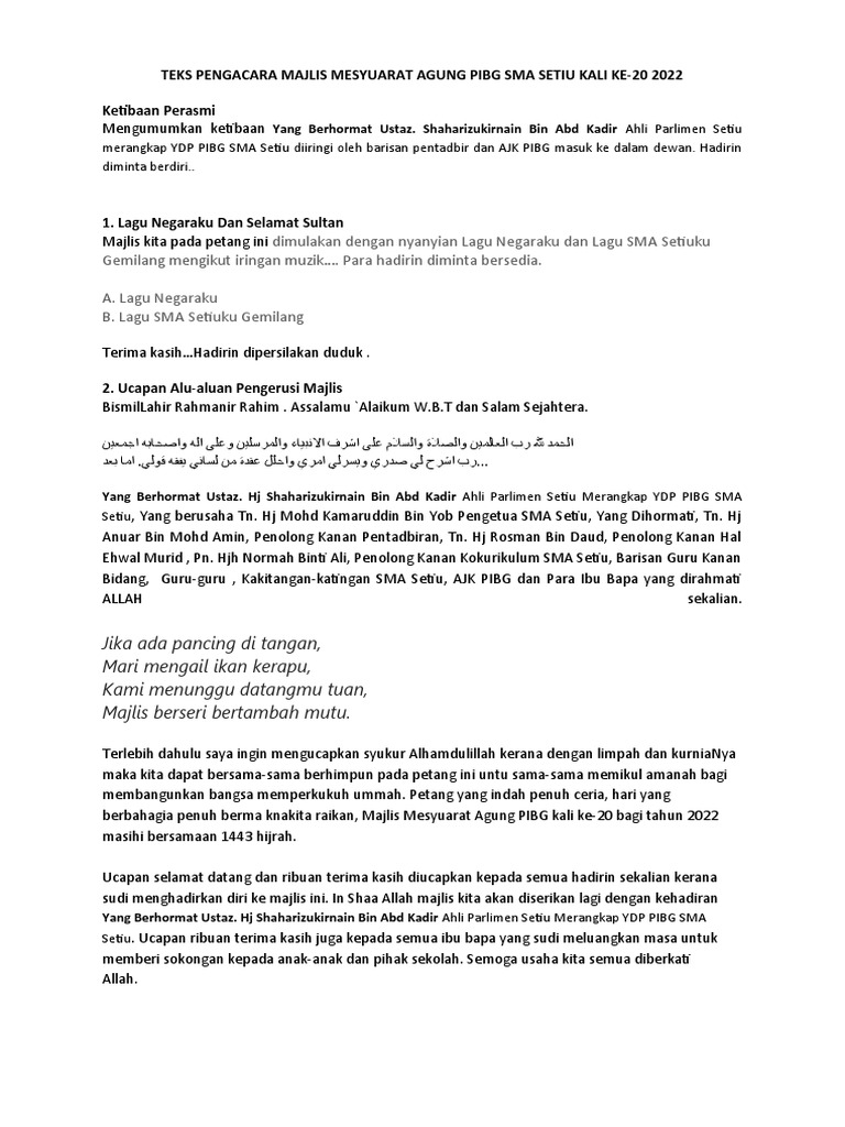 Teks Pengacara Majlis Mesyuarat Agung Pibg Smas 2022 | PDF