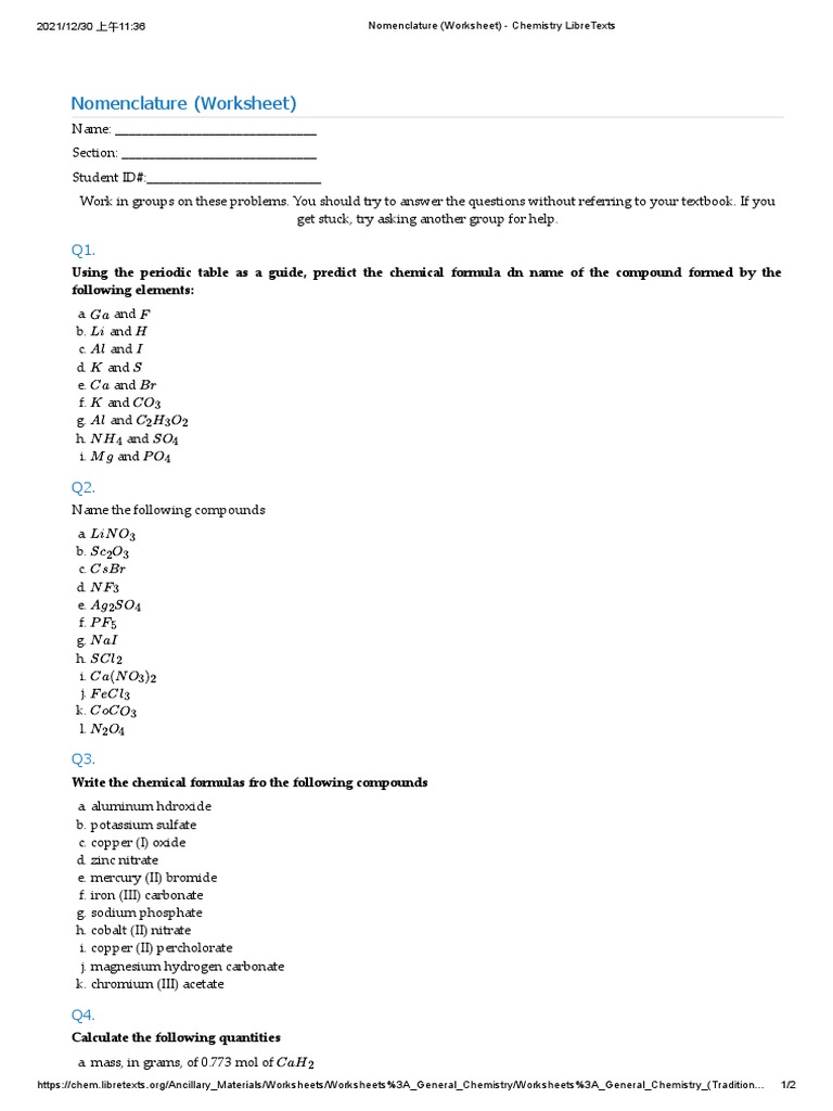 Nomenclature2 (Worksheet) - Chemistry LibreTexts | PDF | Science ...