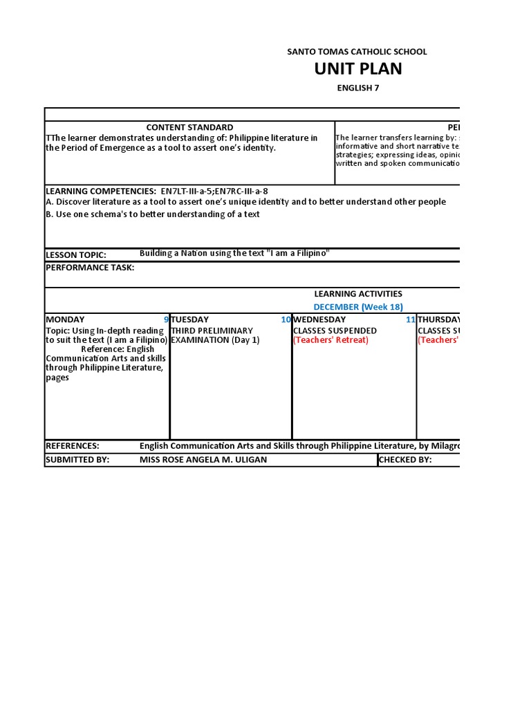 Unit Plan - English 7 | PDF | Learning | Communication