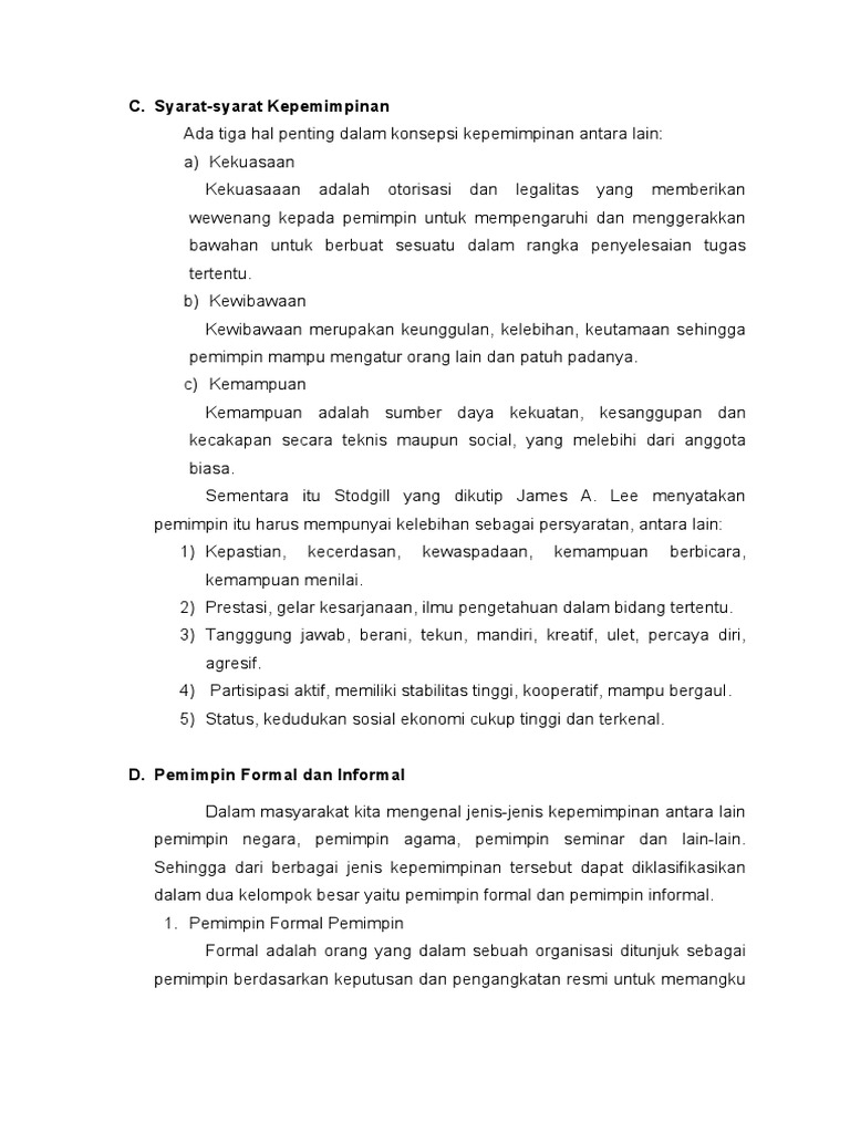 Syarat Pemimpin Dan Kepemimpinan Formal Informal | PDF
