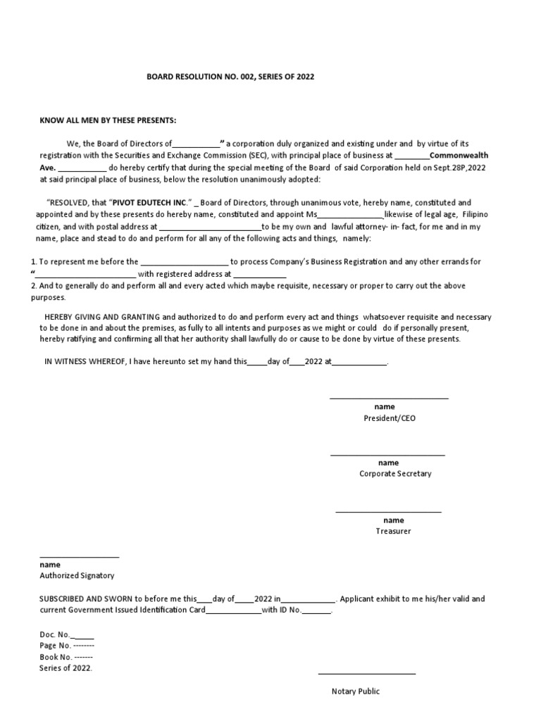 Appointment of Attorney-in-Fact to Represent the Company in Business ...