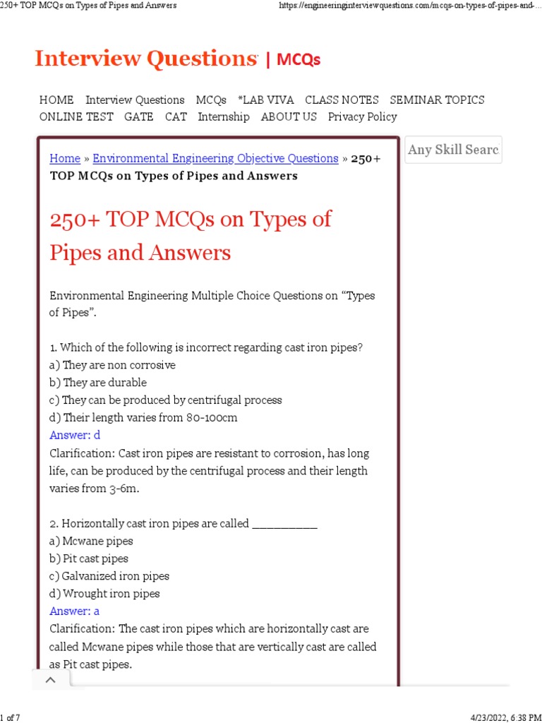 250+ TOP MCQs On Types of Pipes and Answers | PDF | Multiple Choice | Concrete