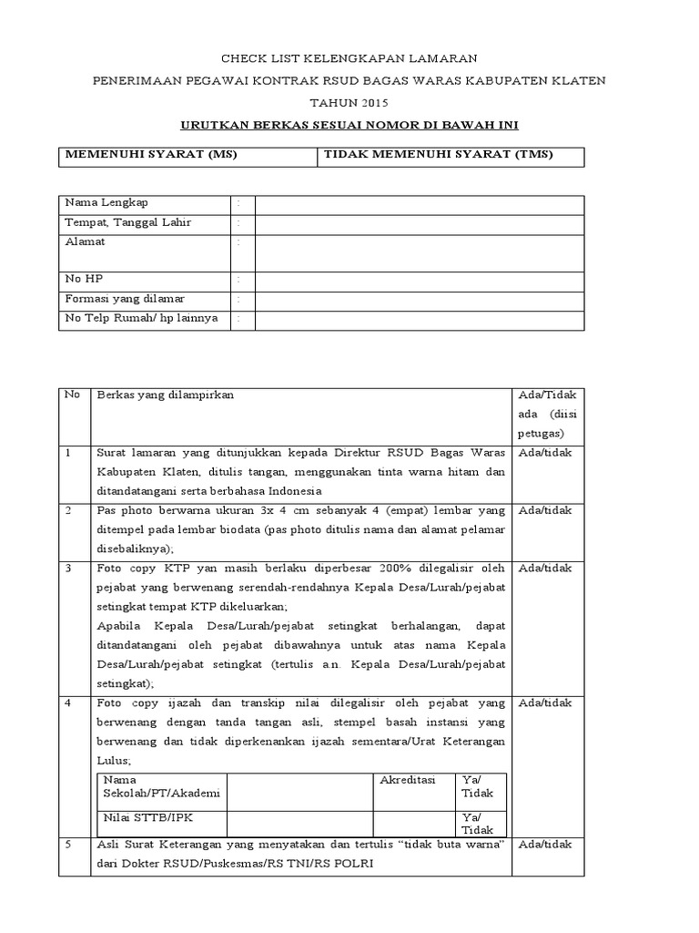 Check List Kelengkapan Lamaran | PDF