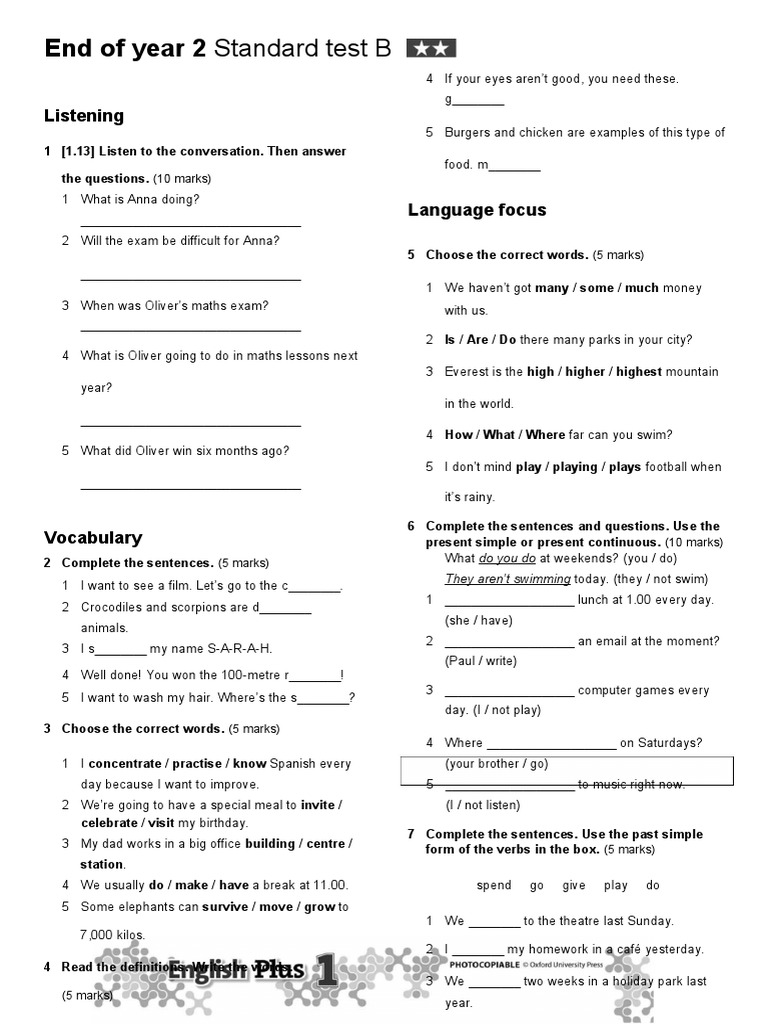 End of Year 2 Standard Test B | PDF | Test (Assessment) | Linguistics