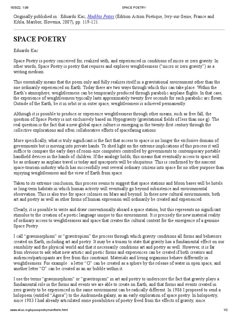 2007 Kac Space Poetry | PDF | Weightlessness | Gravity