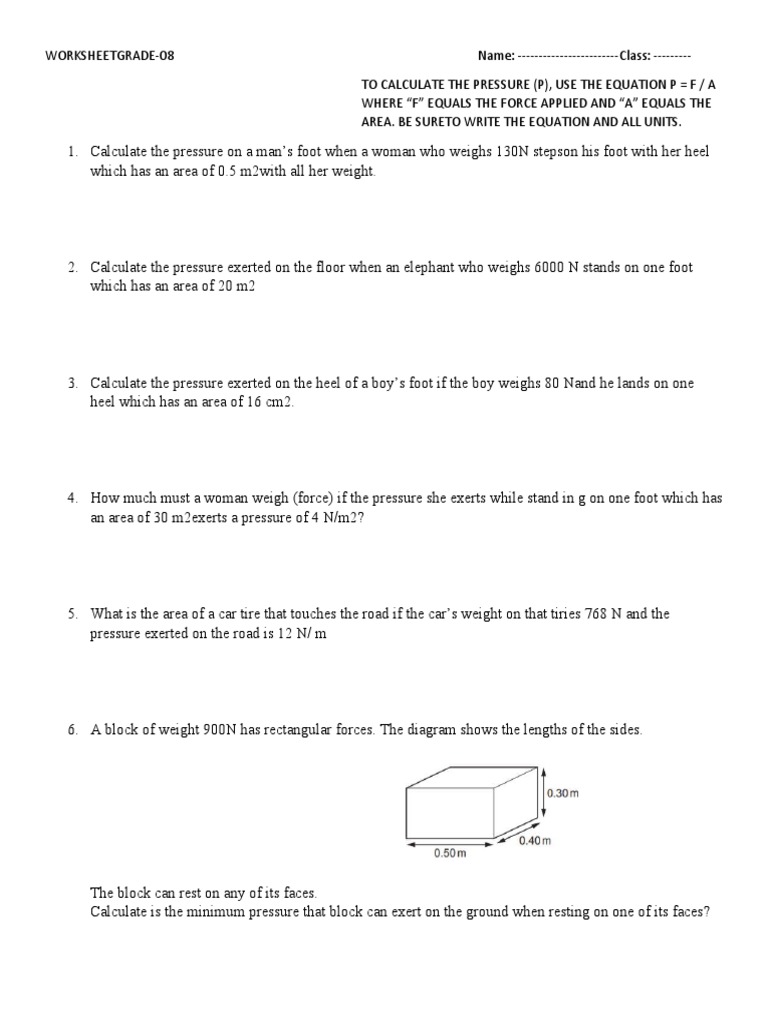 Pressure 8th Grade Worksheet PDF
