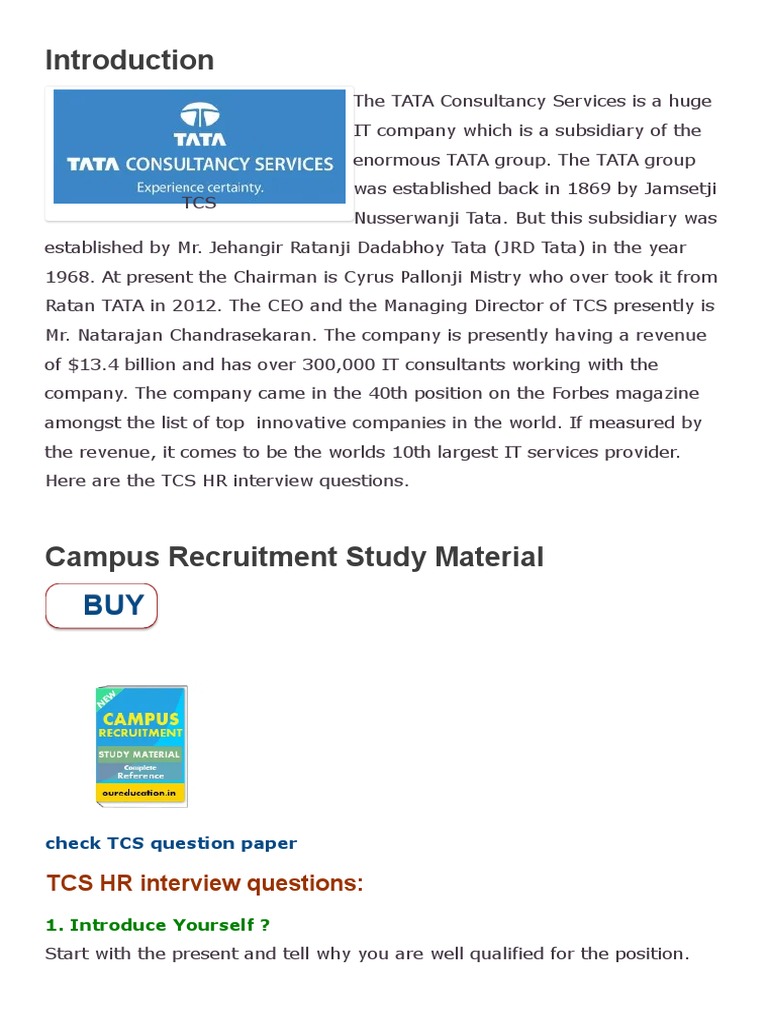 TCS HR Interview Questions With Answers - Our Education | PDF