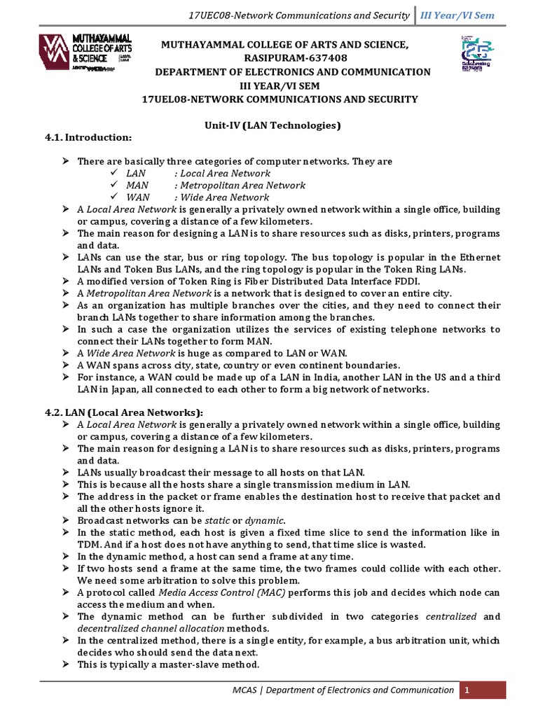 NCS Unit 4 - LAN Technology | PDF | Ethernet | Computer Network