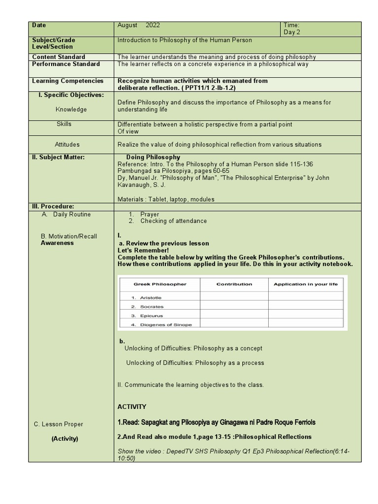 q1, Wk1, Day 2 - Intro To Philo | PDF | Learning | Concept