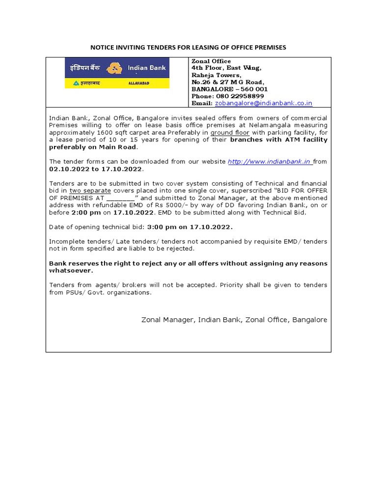 Notice Inviting Tenders For Leasing of Office Premises 1 | PDF