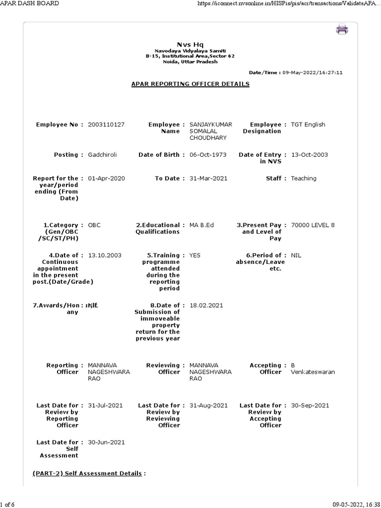 APAR DASH BOARD: Performance Appraisal Report Details for TGT English Teacher | PDF | Lesson ...