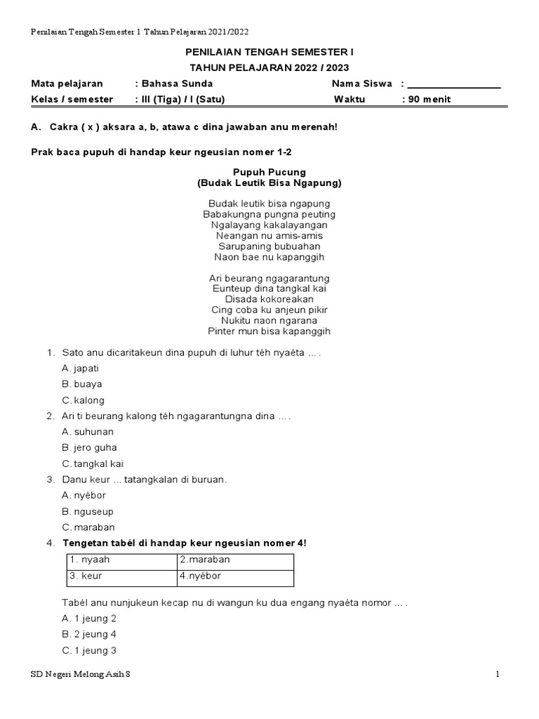 Soal PTS Sunda Kelas 3 (2022-2023) | PDF