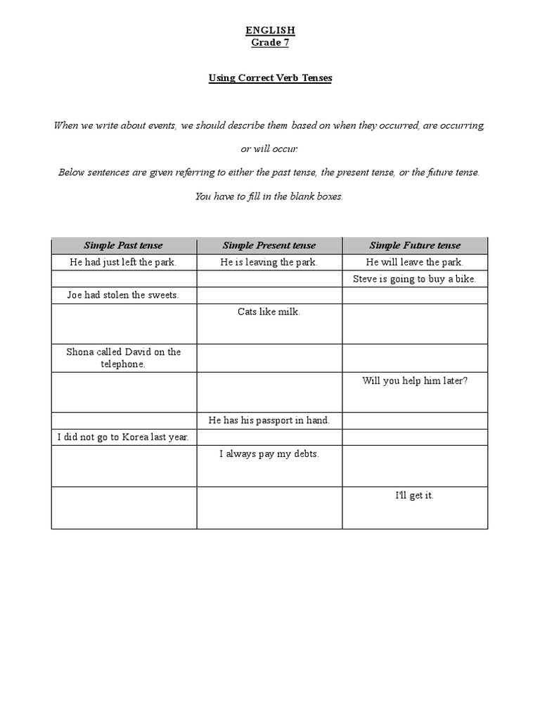 g7 Eng Verb and Tenses Worksheetms Goorjhun | PDF | Grammatical Tense ...