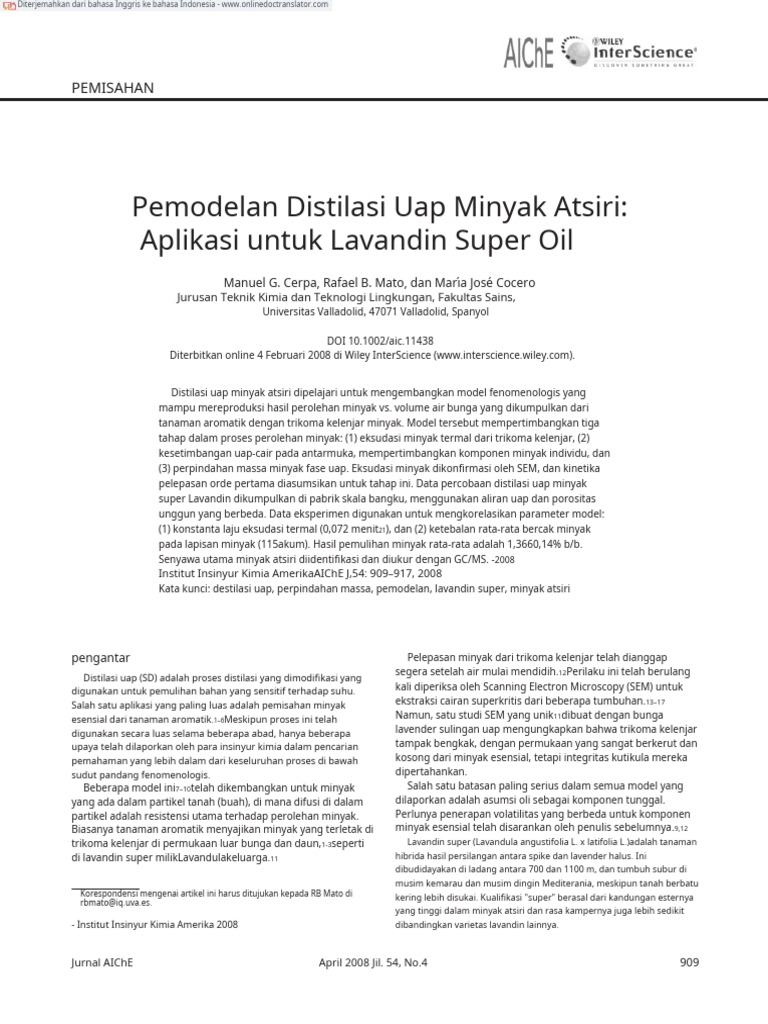 Pemodelan Distilasi Uap Lavandin | PDF