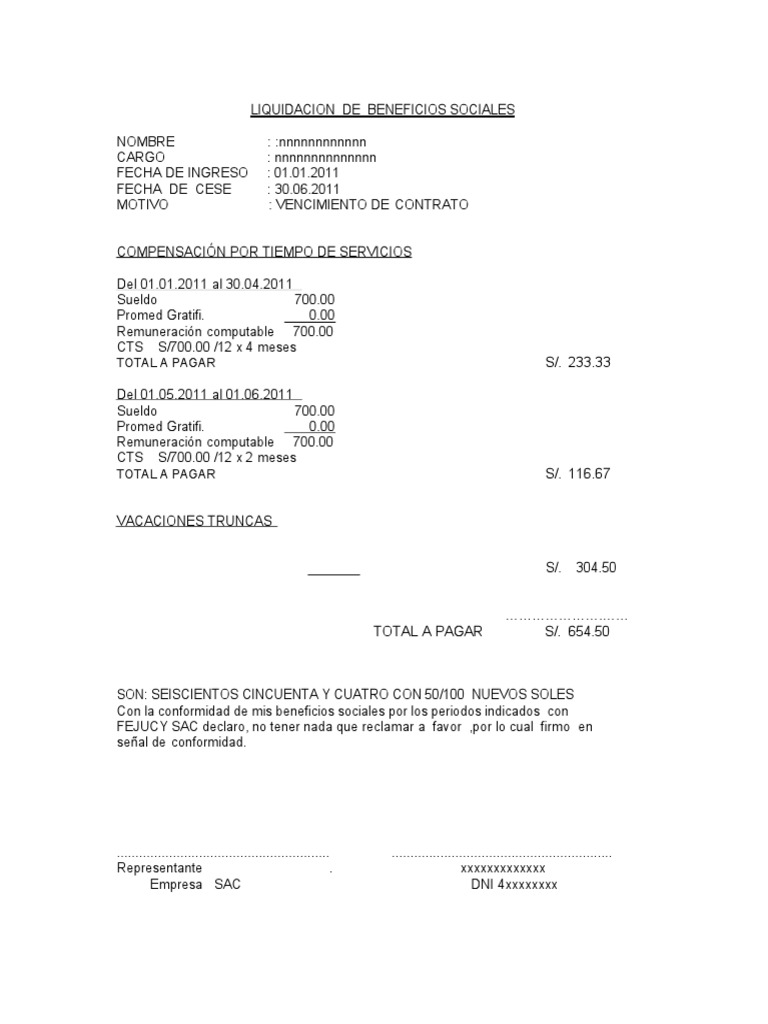 Liquidacion de Beneficios Sociales Modelo | PDF