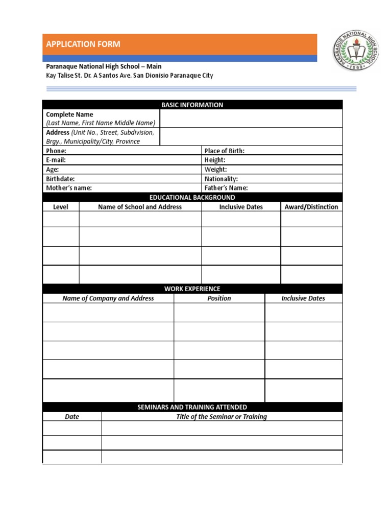 Application Form Work Immersion | PDF