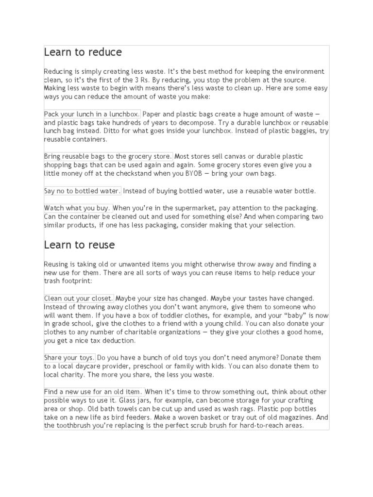 Learn To Reduce | PDF | Reuse | Recycling