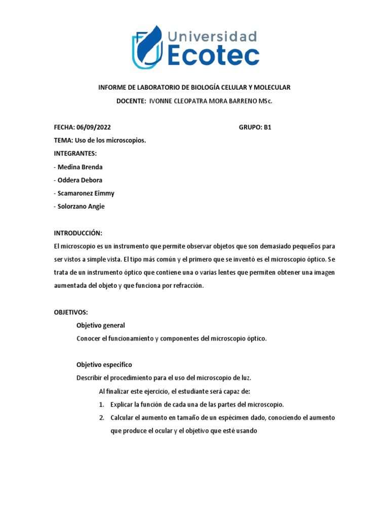 Informe de Laboratorio Microscopio | PDF | Microscopio | Óptica