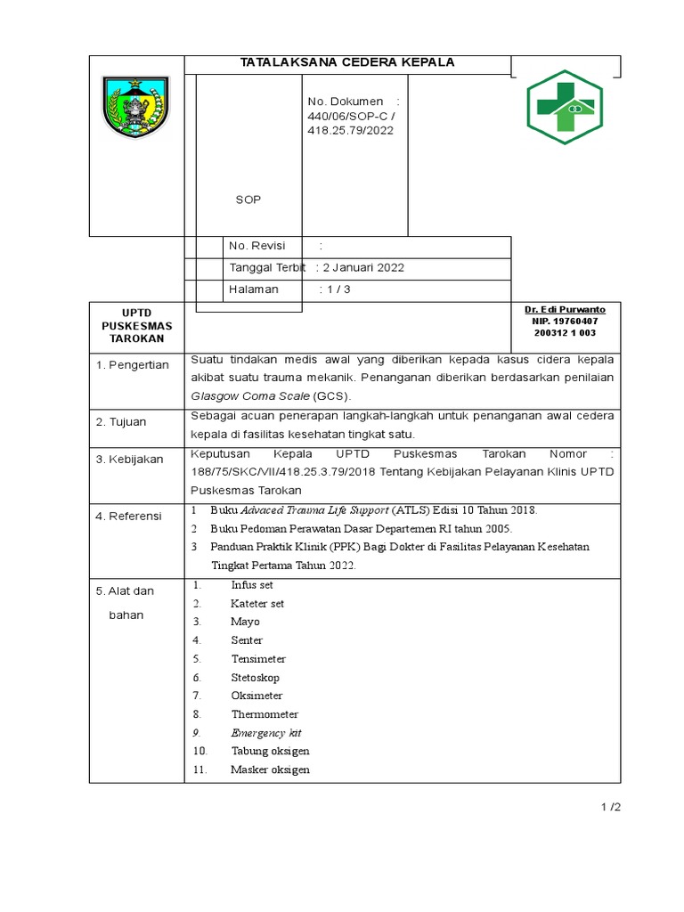 Sop Tatalaksana Cedera Kepala | PDF Sop Tatalaksana Cedera Kepala | PDF