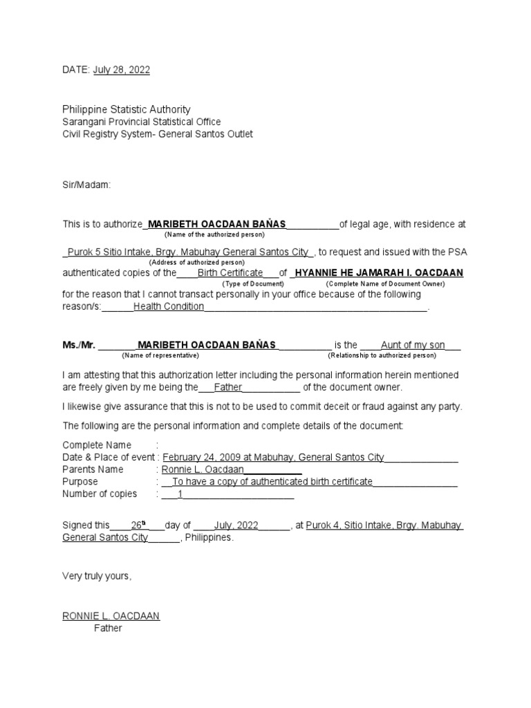 Psa Authorization Letter | PDF | Administrative Law | Government ...