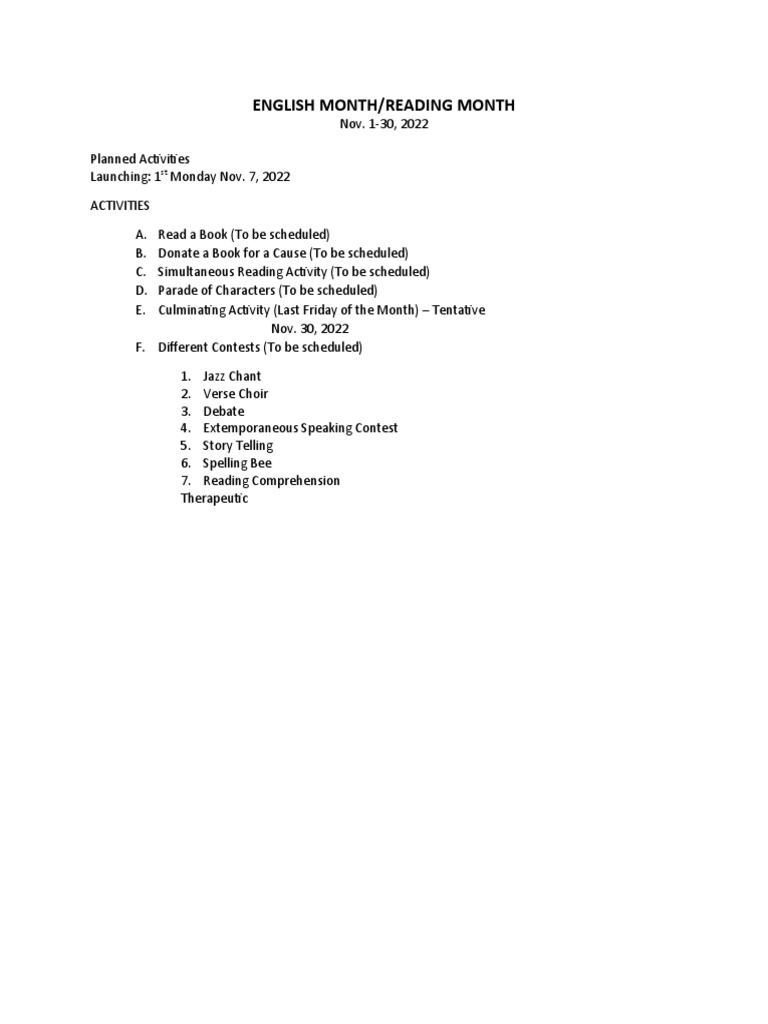 English Month Activities 2022 | PDF