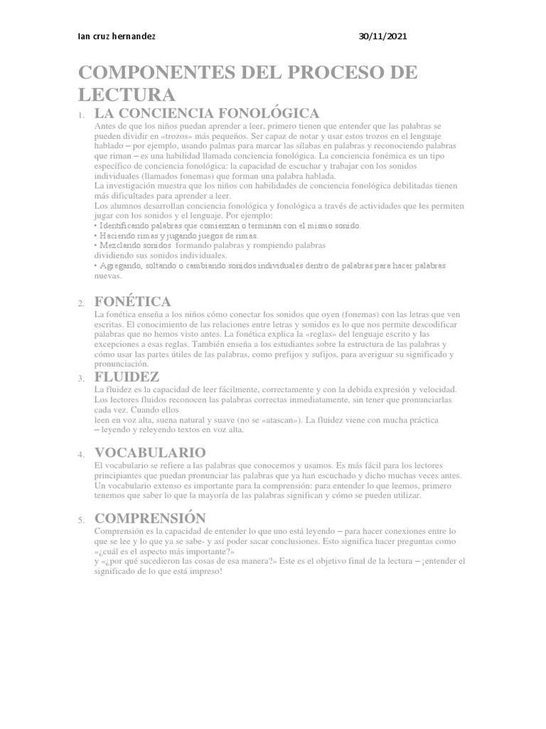 Componentes Del Proceso de Lectura | PDF | Fonología | Cognición