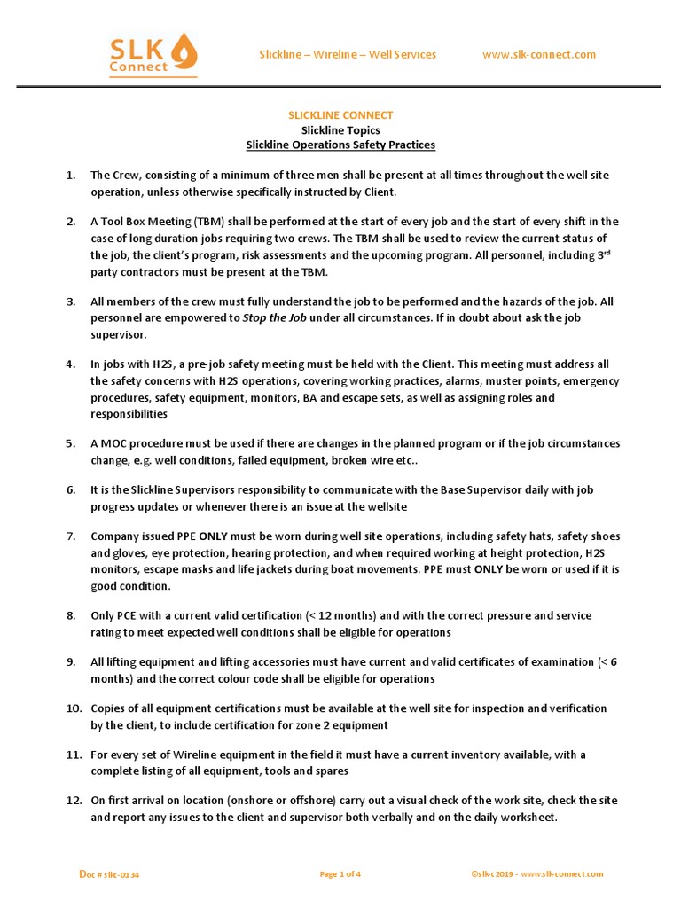 Slickline Operations Safety Practices | PDF | Valve | Manufactured Goods