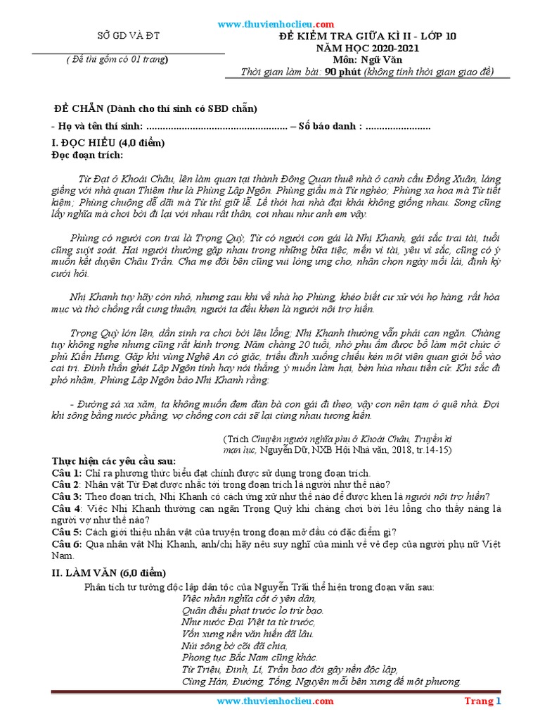 De Thi Giua HK2 Van 10 de 2 | PDF