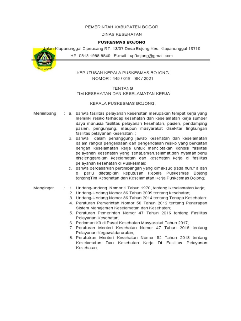Tim K3 Puskesmas Bojong 2021 | PDF