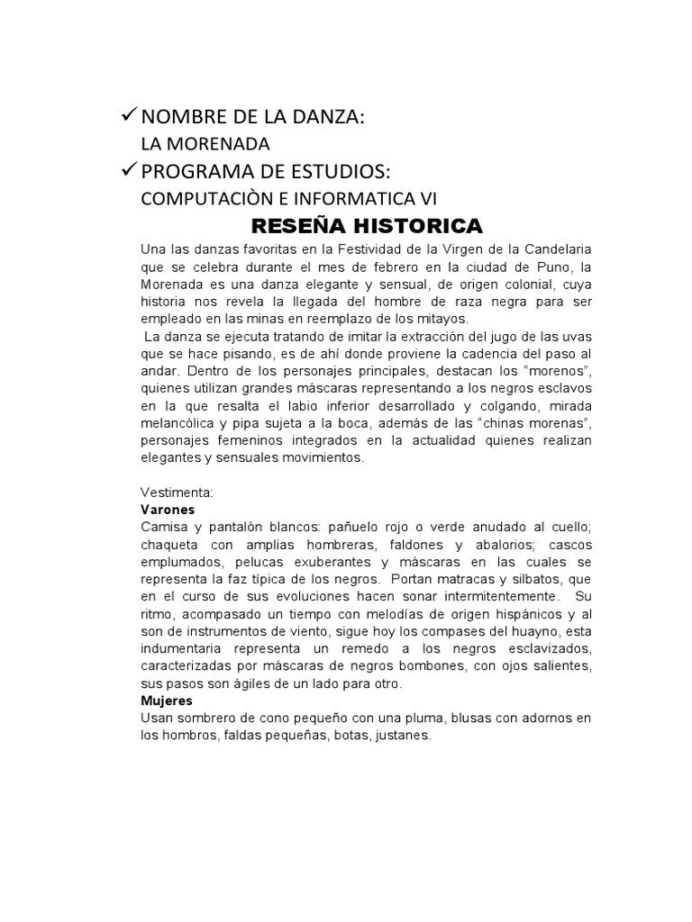 La Morenada, danza colonial de Puno | PDF