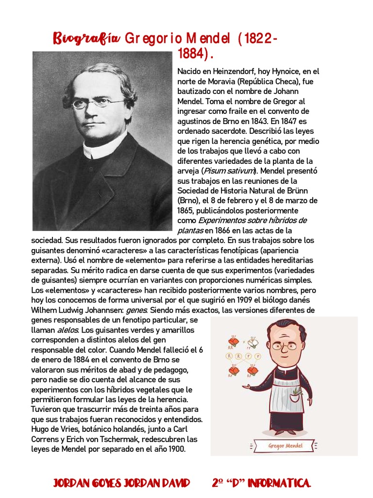 Biografía Gregorio Mendel BIOLOGIA | PDF | Dominancia (Genética) | Evolución biológica