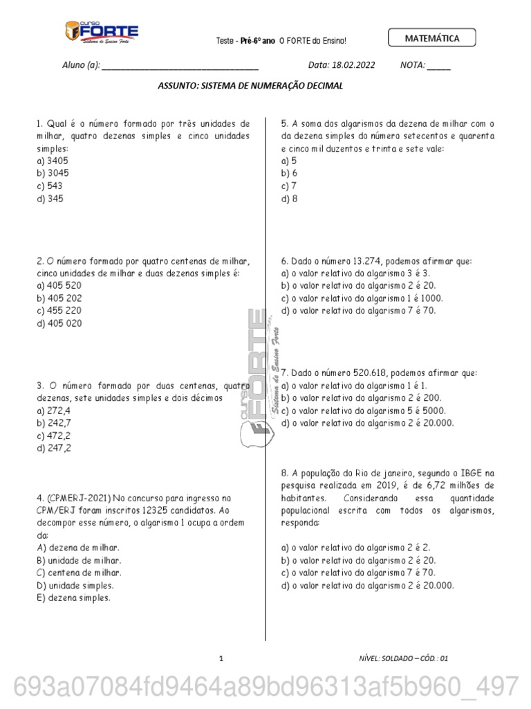 01 - Teste de Matematica | PDF | Notação matemática | Matemática