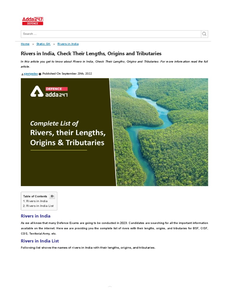 Rivers in India, Check Their Lengths, Origins and Tributaries | PDF ...