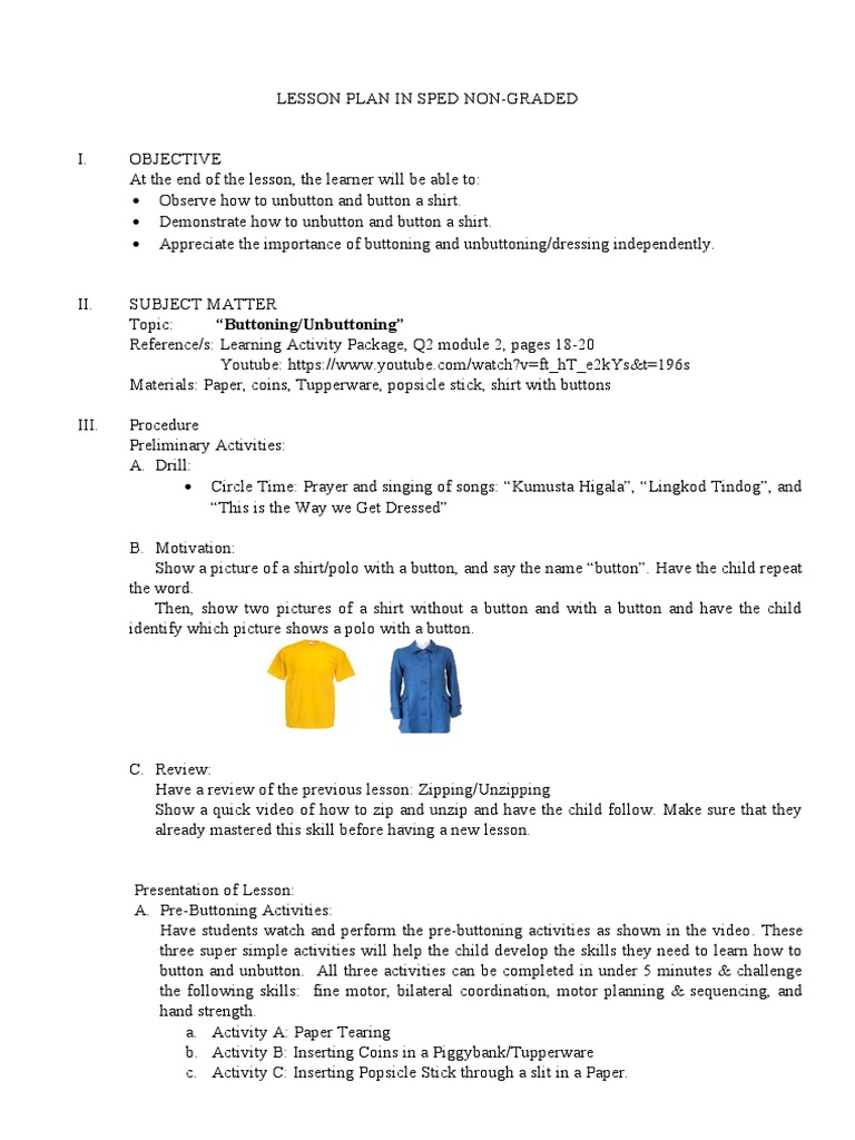 Semi-Detailed LESSON PLAN BUTTONING | PDF
