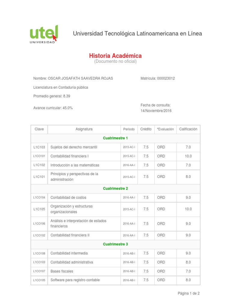 Historial Academico UTEL | PDF | Contabilidad | Auditoría