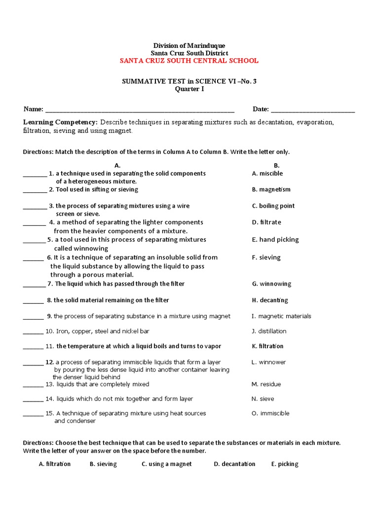 Summative Test in Science 6 No.3 1 | PDF | Filtration | Mixture