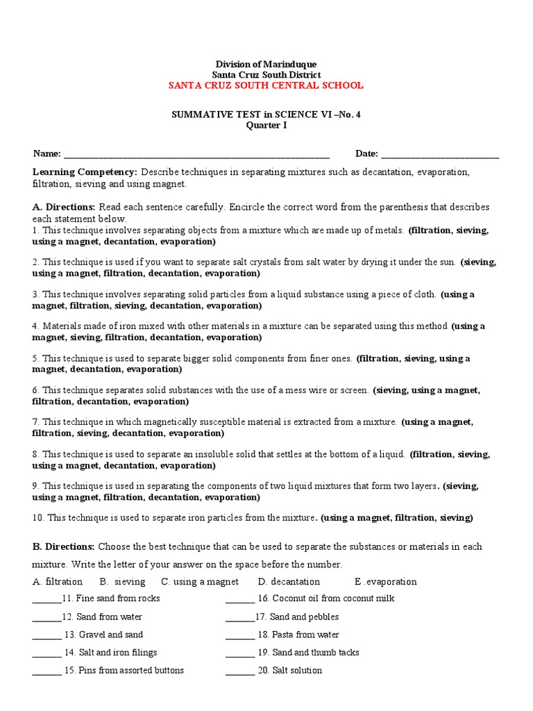 Grade 6 Summative Test: Separating Mixtures | PDF | Filtration | Mixture