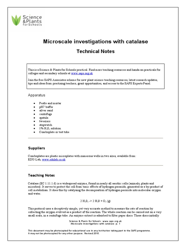 SAPS - Microscale Investigations With Catalase - Technical Sheet | PDF