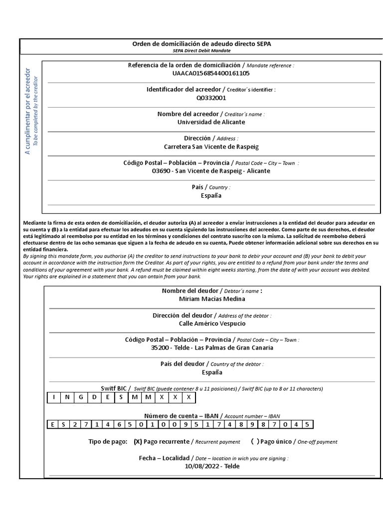 Orden de Domiciliación SEPA Firmada | PDF